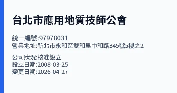 台北市應用地質技師公會的照片-統編 97978031(新北市) 公司登記資料與營業項目詳細圖表