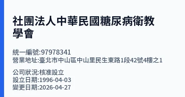 社團法人中華民國糖尿病衛教學會的照片-統編 97978341(臺北市) 公司登記資料與營業項目詳細圖表