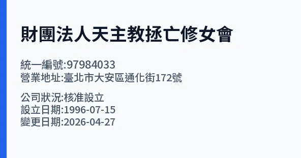 財團法人天主教拯亡修女會的照片-統編 97984033(臺北市) 公司登記資料與營業項目詳細圖表