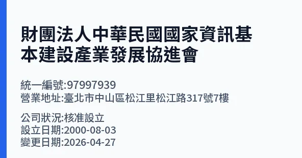 財團法人中華民國國家資訊基本建設產業發展協進會的照片-統編 97997939(臺北市) 公司登記資料與營業項目詳細圖表