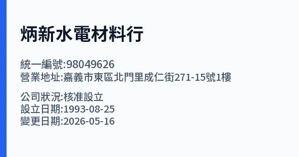 炳新水電材料行的照片-統編 98049626(嘉義市) 公司登記資料與營業項目詳細圖表