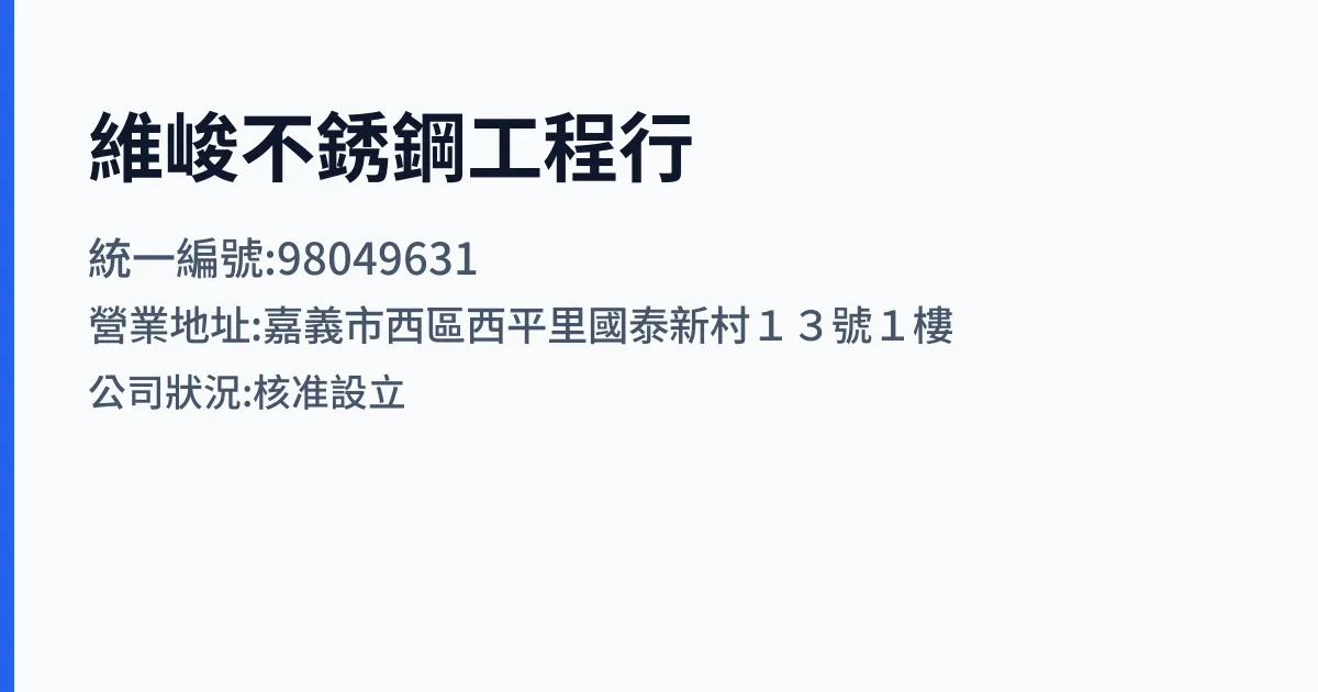 維峻不銹鋼工程行 - 統編 98049631(嘉義市) 公司登記資料與營業項目詳細圖表