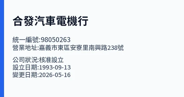 合發汽車電機行的照片-統編 98050263(嘉義市) 公司登記資料與營業項目詳細圖表