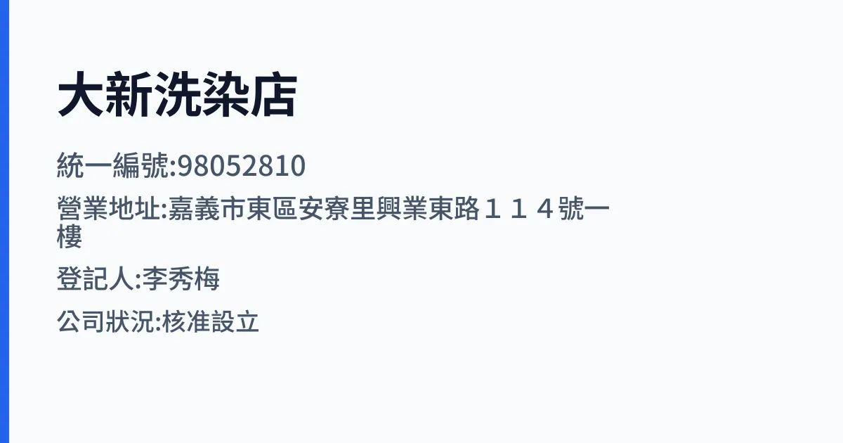 大新洗染店 - 統編 98052810(嘉義市) 公司登記資料與營業項目詳細圖表