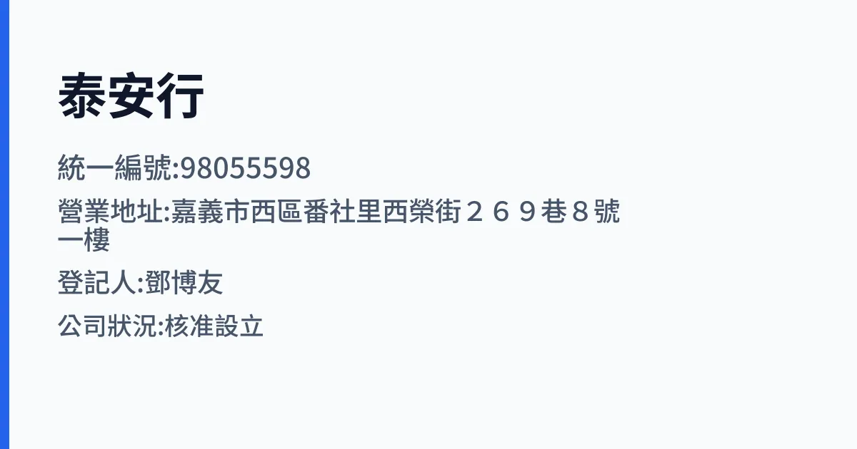 泰安行 - 統編 98055598(嘉義市) 公司登記資料與營業項目詳細圖表