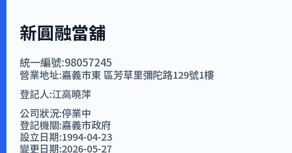 新圓融當舖的照片-統編 98057245(嘉義市) 公司登記資料與營業項目詳細圖表