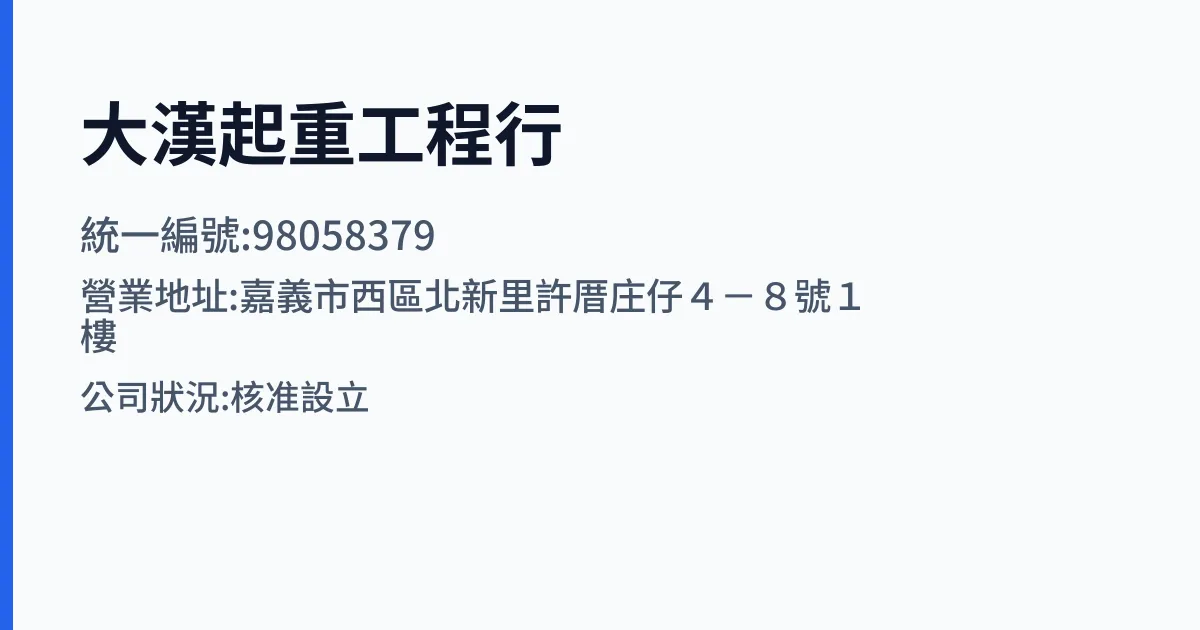 大漢起重工程行 - 統編 98058379(嘉義市) 公司登記資料與營業項目詳細圖表