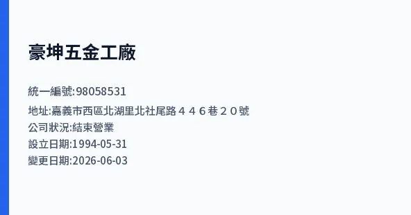 豪坤五金工廠的照片-統編 98058531(嘉義市) 公司登記資料與營業項目詳細圖表