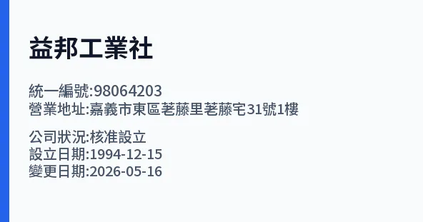 益邦工業社的照片-統編 98064203(嘉義市) 公司登記資料與營業項目詳細圖表