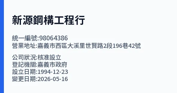 新源鋼構工程行的照片-統編 98064386(嘉義市) 公司登記資料與營業項目詳細圖表