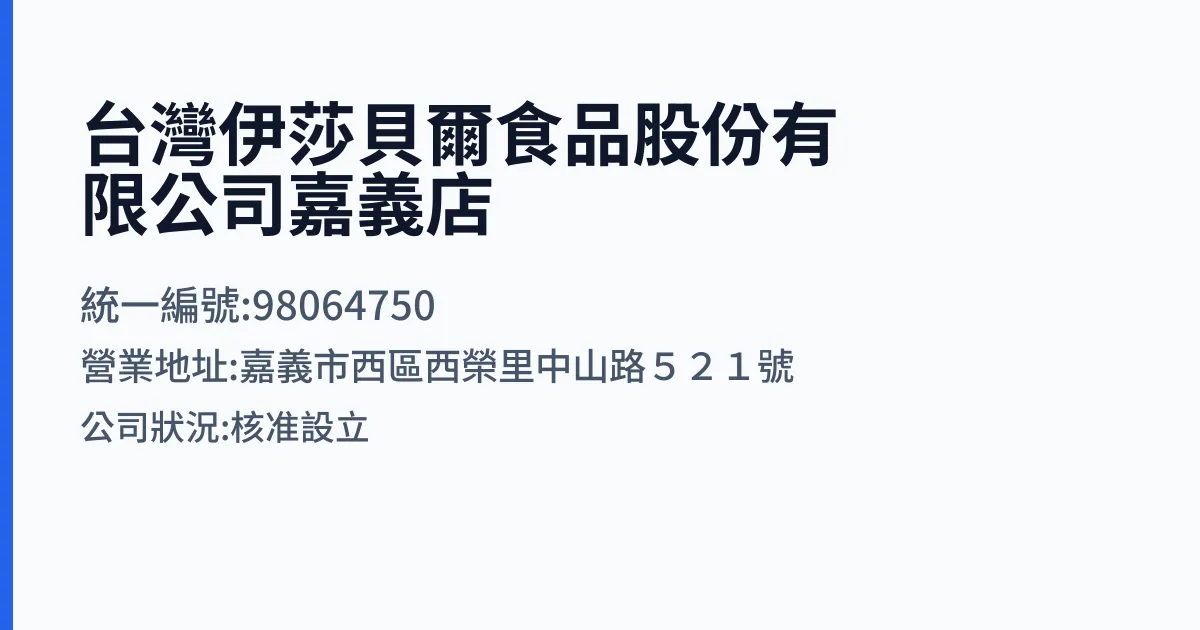 台灣伊莎貝爾食品股份有限公司嘉義店 - 統編 98064750(嘉義市) 公司登記資料與營業項目詳細圖表