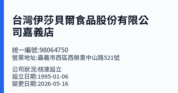 台灣伊莎貝爾食品股份有限公司嘉義店的照片-統編 98064750(嘉義市) 公司登記資料與營業項目詳細圖表