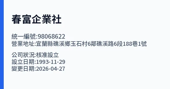 春富企業社的照片-統編 98068622(宜蘭縣) 公司登記資料與營業項目詳細圖表