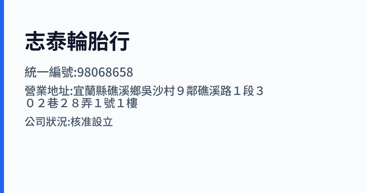志泰輪胎行 - 統編 98068658(宜蘭縣) 公司登記資料與營業項目詳細圖表