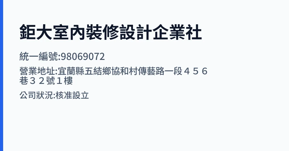 鉅大室內裝修設計企業社 - 統編 98069072(宜蘭縣) 公司登記資料與營業項目詳細圖表