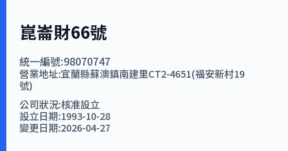 崑崙財66號的照片-統編 98070747(宜蘭縣) 公司登記資料與營業項目詳細圖表