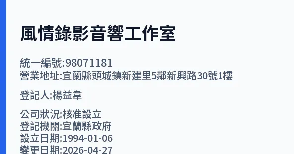 風情錄影音響工作室的照片-統編 98071181(宜蘭縣) 公司登記資料與營業項目詳細圖表