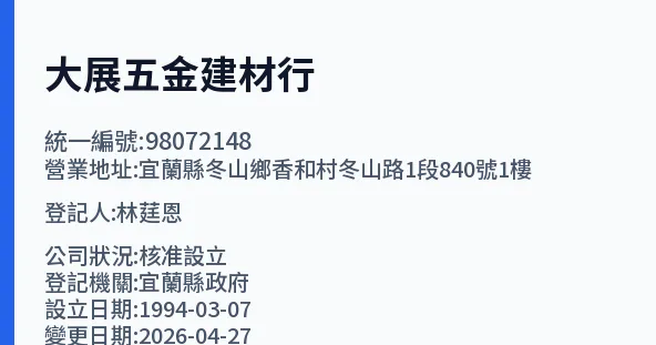 大展五金建材行的照片-統編 98072148(宜蘭縣) 公司登記資料與營業項目詳細圖表