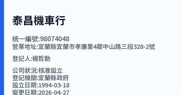 泰昌機車行的照片-統編 98074048(宜蘭縣) 公司登記資料與營業項目詳細圖表