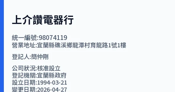 上介讚電器行的照片-統編 98074119(宜蘭縣) 公司登記資料與營業項目詳細圖表