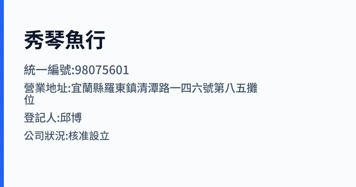 秀琴魚行 - 統編 98075601(宜蘭縣) 公司登記資料與營業項目詳細圖表