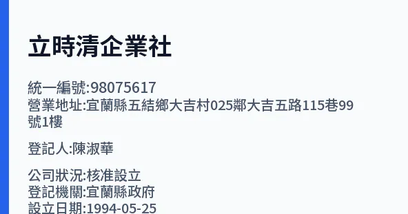 立時清企業社的照片-統編 98075617(宜蘭縣) 公司登記資料與營業項目詳細圖表