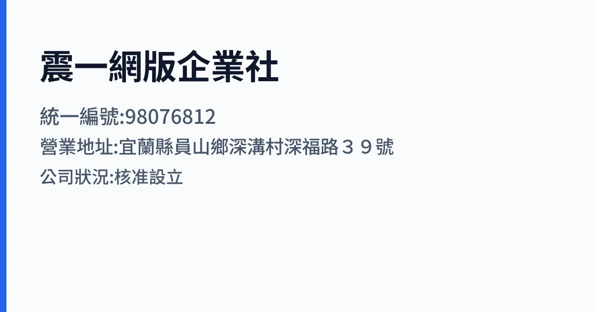 震一網版企業社 - 統編 98076812(宜蘭縣) 公司登記資料與營業項目詳細圖表