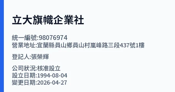 立大旗幟企業社的照片-統編 98076974(宜蘭縣) 公司登記資料與營業項目詳細圖表