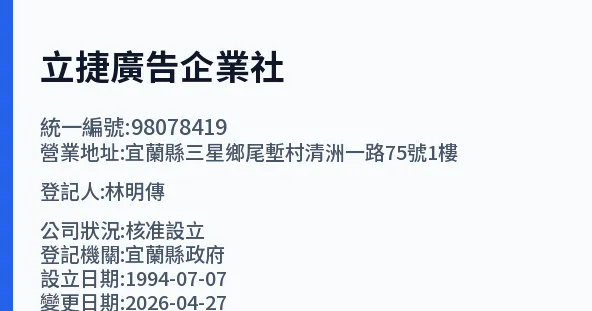 立捷廣告企業社的照片-統編 98078419(宜蘭縣) 公司登記資料與營業項目詳細圖表