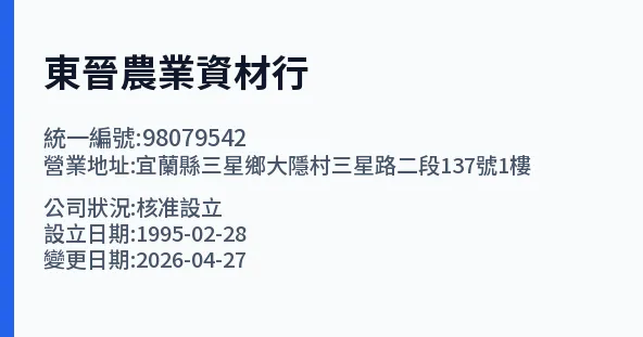 東晉農業資材行的照片-統編 98079542(宜蘭縣) 公司登記資料與營業項目詳細圖表