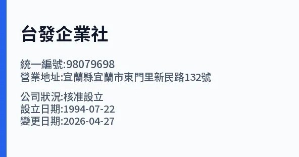 台發企業社的照片-統編 98079698(宜蘭縣) 公司登記資料與營業項目詳細圖表
