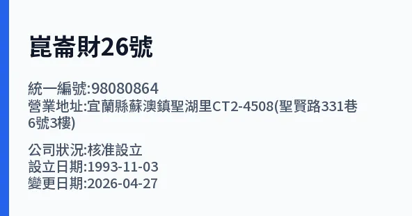 崑崙財26號的照片-統編 98080864(宜蘭縣) 公司登記資料與營業項目詳細圖表