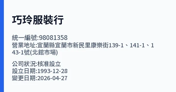 巧玲服裝行的照片-統編 98081358(宜蘭縣) 公司登記資料與營業項目詳細圖表