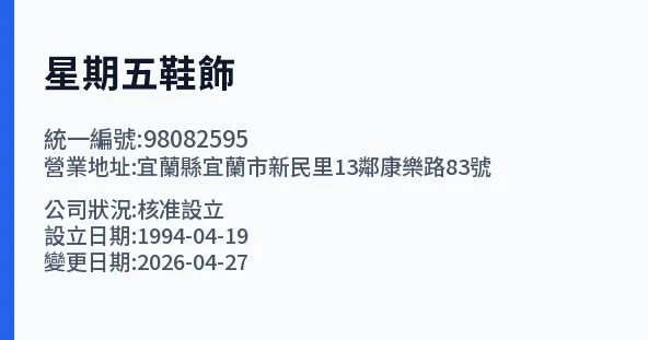 星期五鞋飾的照片-統編 98082595(宜蘭縣) 公司登記資料與營業項目詳細圖表
