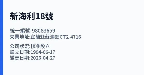 新海利18號的照片-統編 98083659(宜蘭縣) 公司登記資料與營業項目詳細圖表