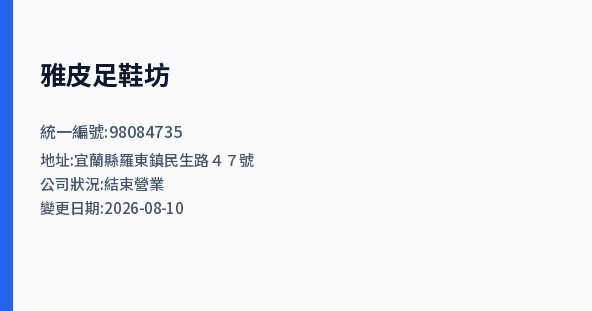 雅皮足鞋坊的照片-統編 98084735(宜蘭縣) 公司登記資料與營業項目詳細圖表