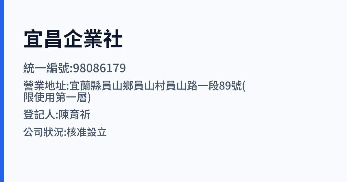 宜昌企業社 - 統編 98086179（宜蘭縣） 公司登記資料與營業項目詳細圖表