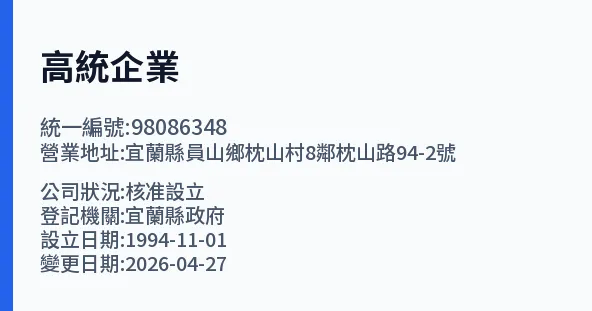 高統企業的照片-統編 98086348(宜蘭縣) 公司登記資料與營業項目詳細圖表