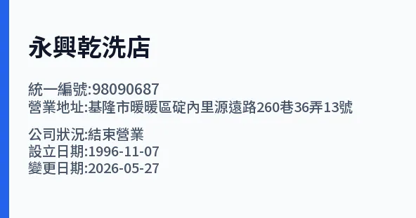永興乾洗店的照片-統編 98090687(基隆市) 公司登記資料與營業項目詳細圖表