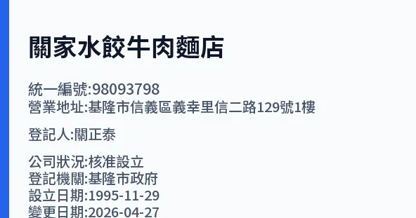 關家水餃牛肉麵店的照片-統編 98093798(基隆市) 公司登記資料與營業項目詳細圖表