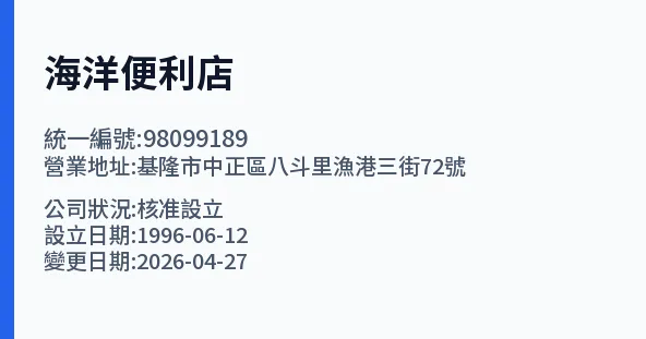 海洋便利店的照片-統編 98099189(基隆市) 公司登記資料與營業項目詳細圖表