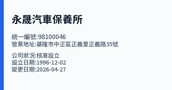 永晟汽車保養所的照片-統編 98100046(基隆市) 公司登記資料與營業項目詳細圖表