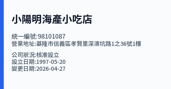 小陽明海產小吃店的照片-統編 98101087(基隆市) 公司登記資料與營業項目詳細圖表