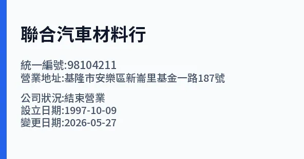聯合汽車材料行的照片-統編 98104211(基隆市) 公司登記資料與營業項目詳細圖表