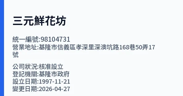 三元鮮花坊的照片-統編 98104731(基隆市) 公司登記資料與營業項目詳細圖表
