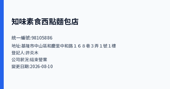 知味素食西點麵包店的照片-統編 98105886(基隆市) 公司登記資料與營業項目詳細圖表