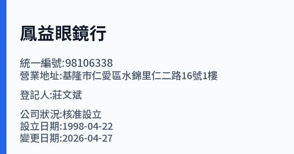 鳳益眼鏡行的照片-統編 98106338(基隆市) 公司登記資料與營業項目詳細圖表