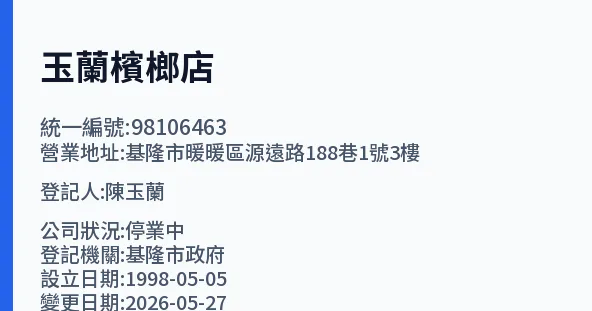 玉蘭檳榔店的照片-統編 98106463(基隆市) 公司登記資料與營業項目詳細圖表