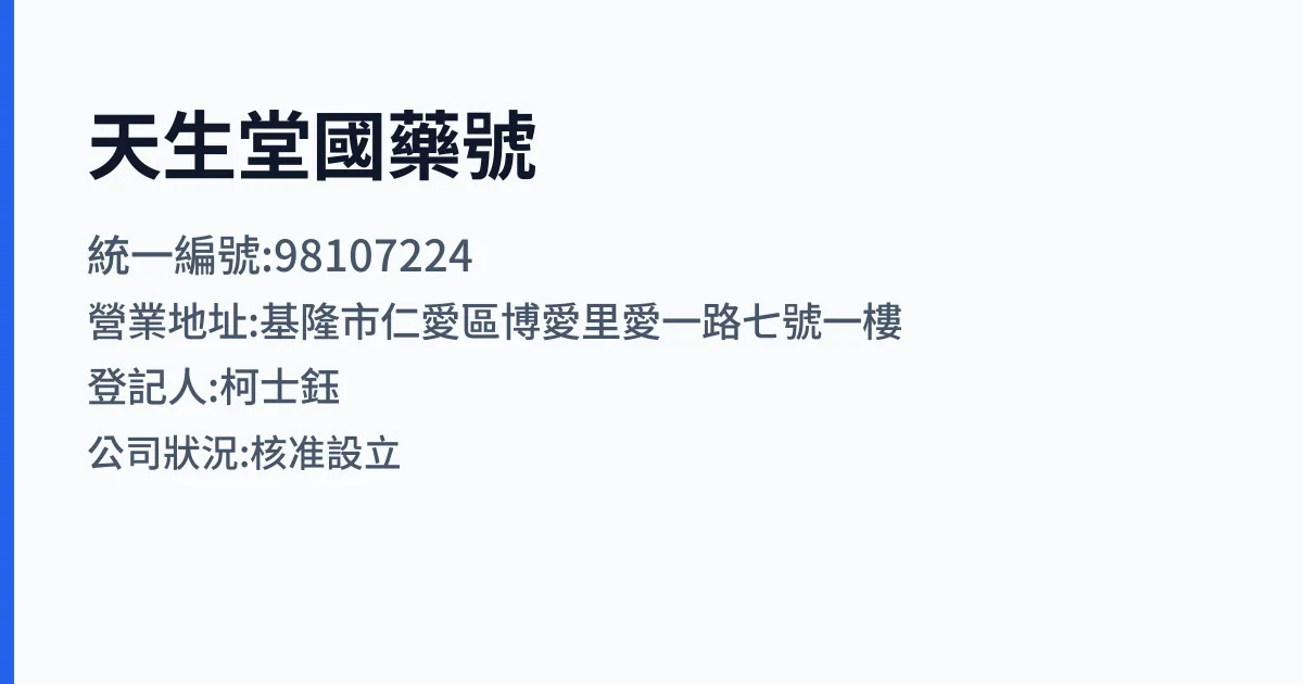 天生堂國藥號 - 統編 98107224(基隆市) 公司登記資料與營業項目詳細圖表