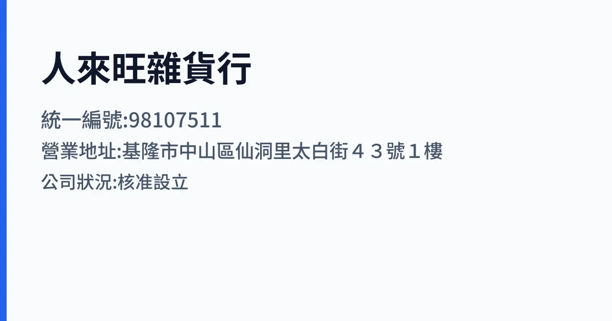 人來旺雜貨行 - 統編 98107511(基隆市) 公司登記資料與營業項目詳細圖表